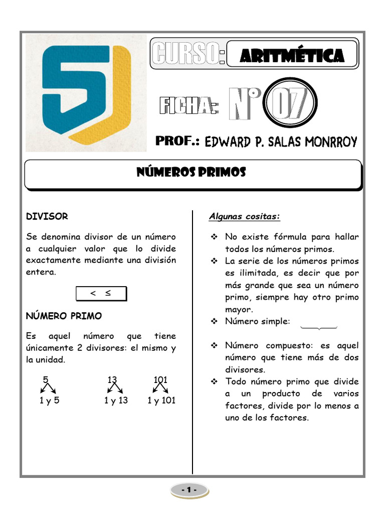 FICHA N° 07 NUMEROS PRIMOS (2) | PDF | Número primo | División (Matemáticas)