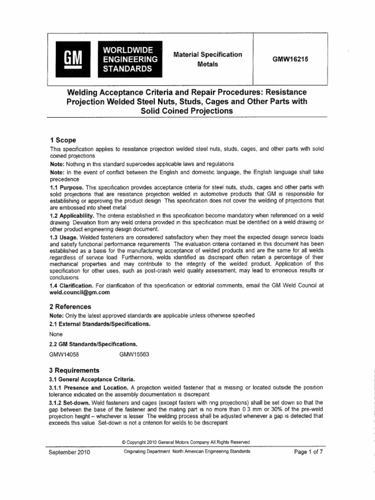 GMW 16215 - SEP 2010 - Projection Welding | PDF