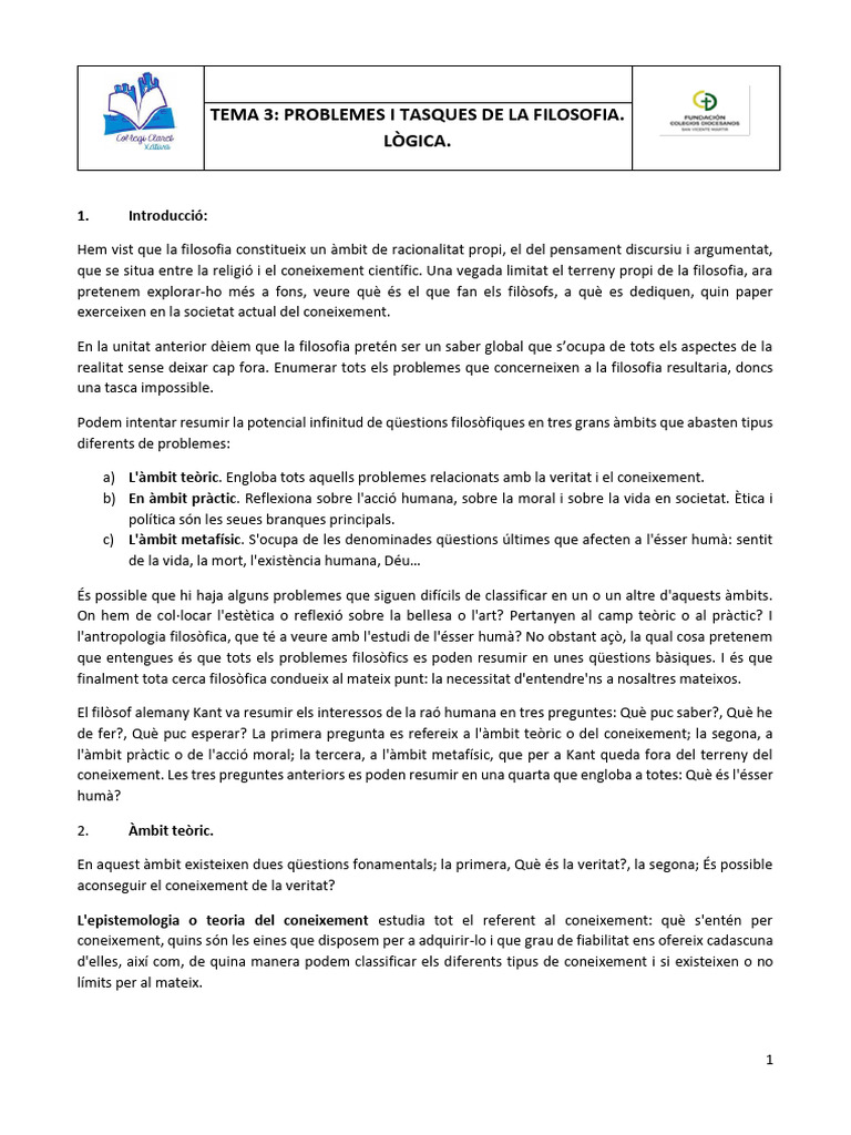 TEMA 3. Problemes de La Filosofia I Lògica | PDF