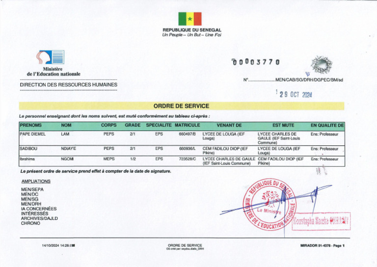 Ordre de Service (Additif - Permutations Moyen Secondaire) de Pape ...