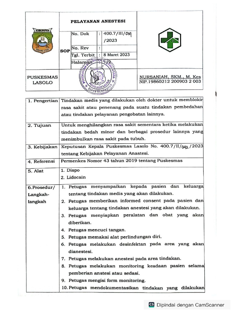 3.4.1.a.2 SOP PELAYANAN ANASTESI | PDF