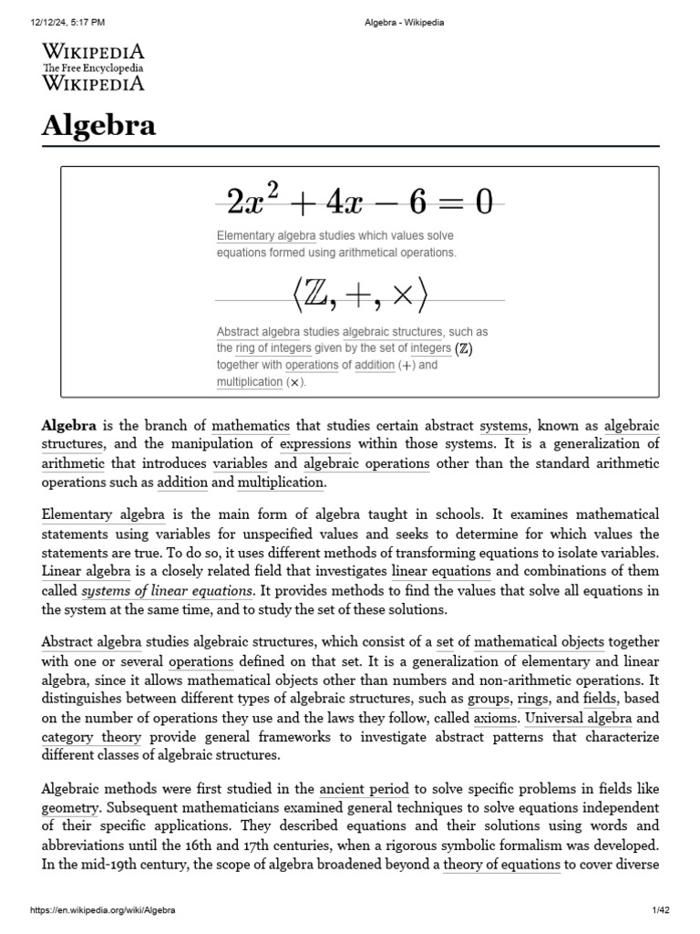 Algebra - Wikipedia | PDF | Algebra | Equations