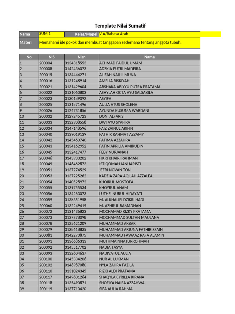 Template Nilai Sumatif-V.A-Bahasa Arab | PDF