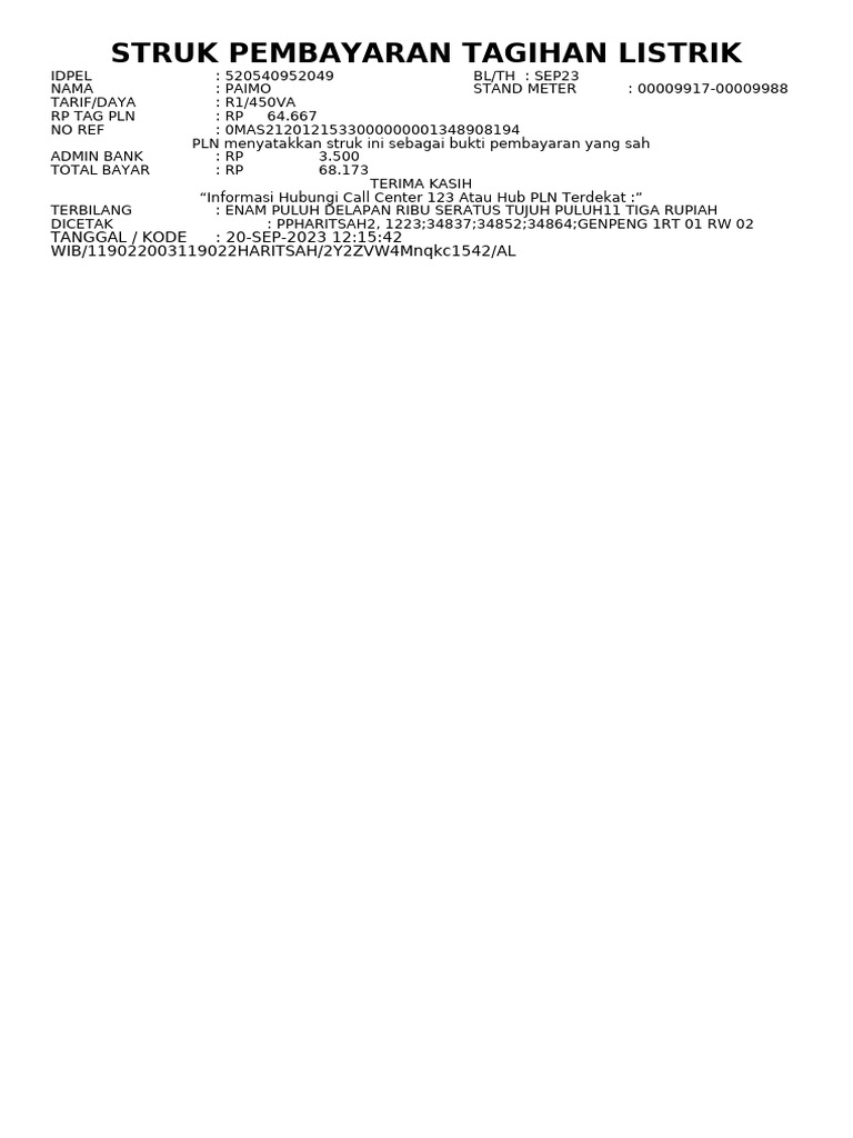 Struk Pembayaran Tagihan Listrik | PDF