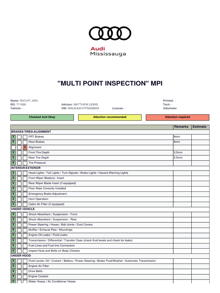 MPI Car Service Inspection Report | PDF | Leak | Brake