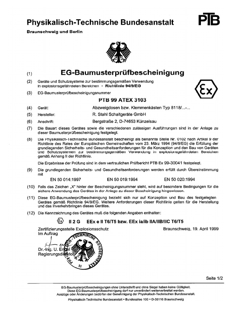 EC-Type Examination Certificate PTB 99 ATEX 3103 | PDF | Electrical ...