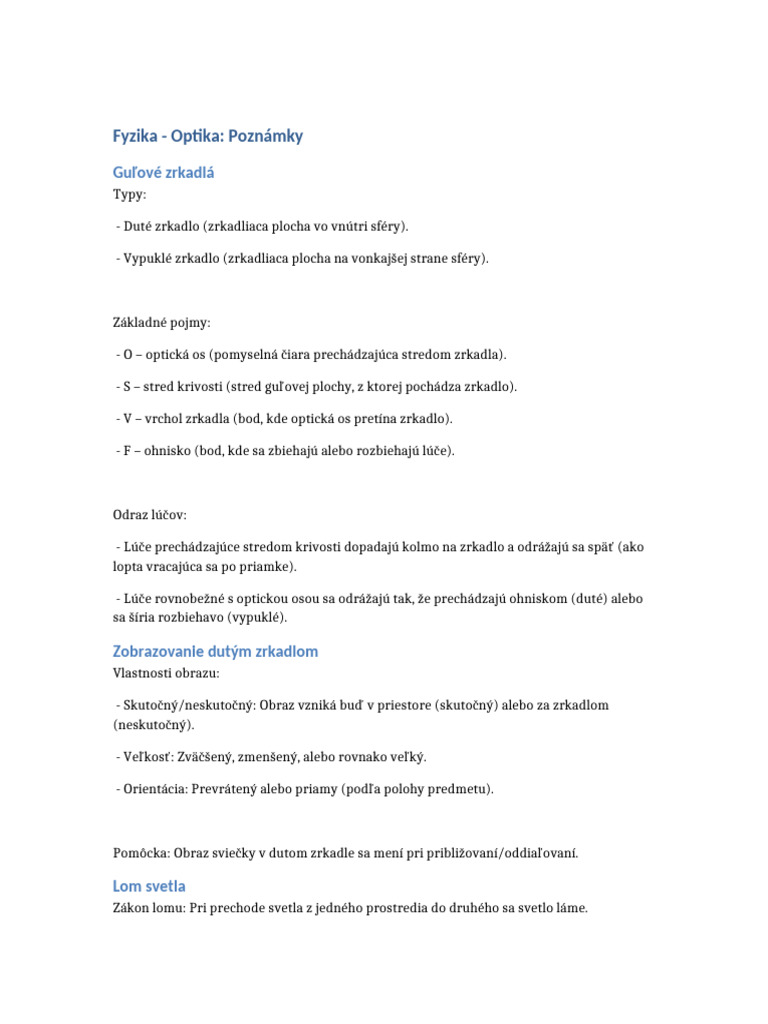 Fyzika Optika Poznamky | PDF