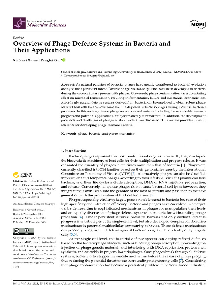 Overview of Phage Defense Systems in Bacteria and Their Applications ...