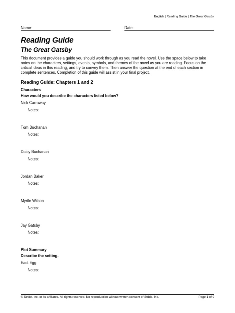 Am Lit TGG Reading Guide | PDF | The Great Gatsby | Novels