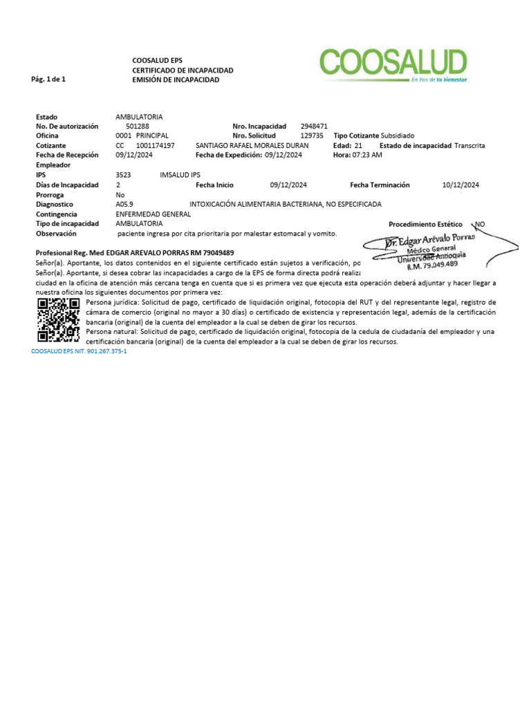 740311339-INCAPACIDAD-COOSALUD - Santiago | PDF