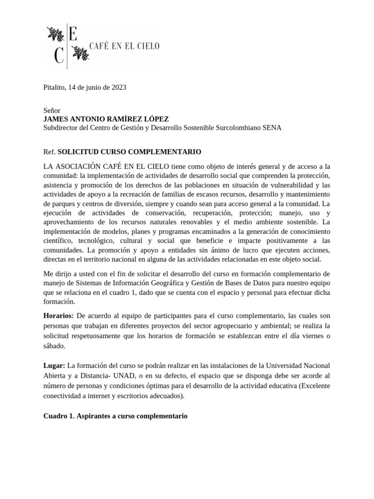 Solicitud Curso Complementario Sena | PDF | Sustentabilidad | Entorno natural