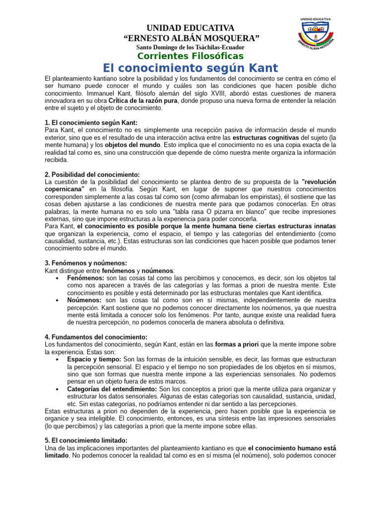 Conocimiento según Kant: Fenómenos y Noúmenos | PDF | Immanuel Kant | Noumenon