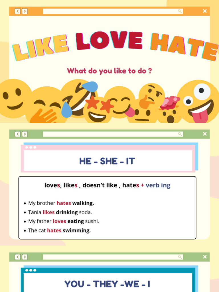 Love, Like, Hate: Verb Usage Exercises | PDF