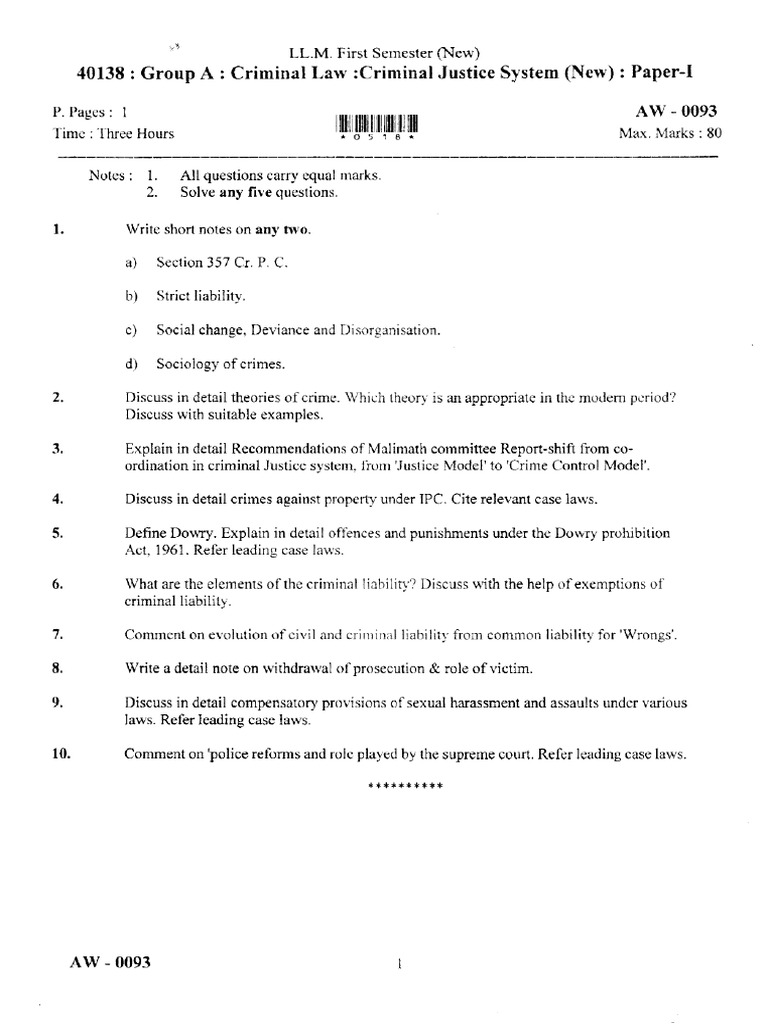 LLM 1 Sem Criminal Law Paper 1 S 2019 | PDF