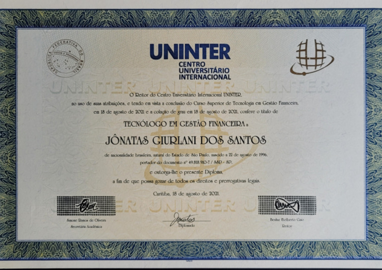 Diploma Superior Tecnólogo em Gestão Financeira Uninter Jônatas | PDF