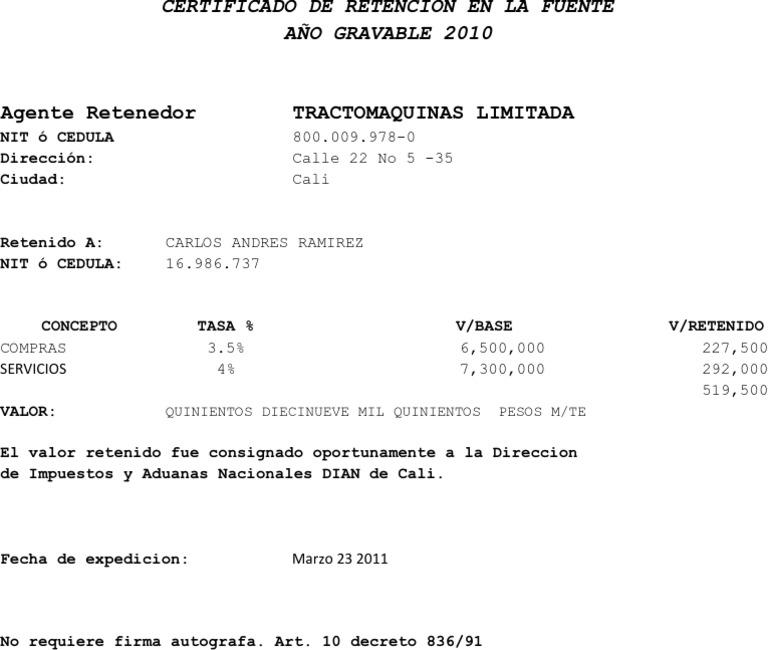 Formato Certificado Retencion en La Fuente Retefuente | PDF | Finanzas ...