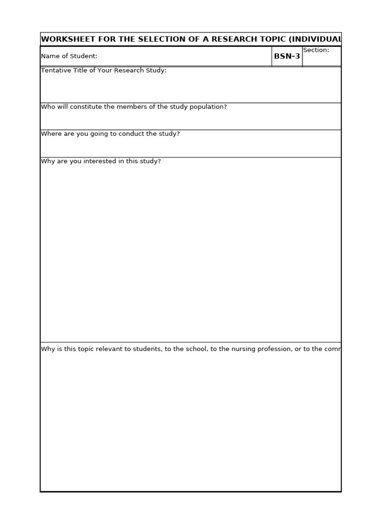 Research Topic Selection Worksheet | PDF