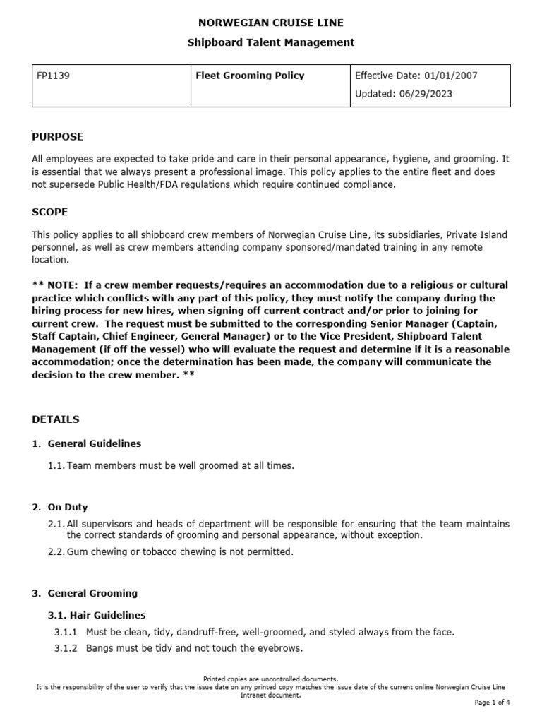 NCL Eases Grooming Rules for Crew | PDF | Human Appearance