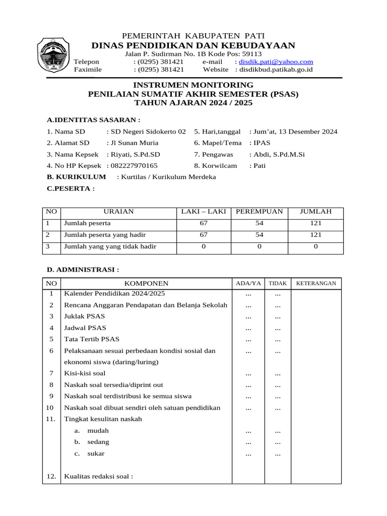 INSTRUMEN MONEV PSAS 2024-2025 | PDF