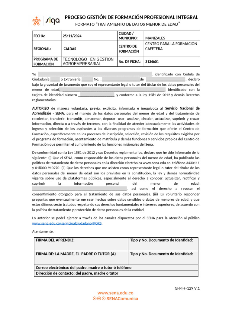 GFPI-F-129_formato_tratamiento_de_datos_menor_de_edad ID 3134601 | PDF | Documento de identidad ...