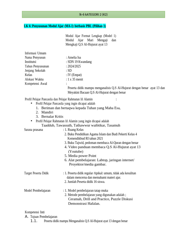 LK 6: Penyusunan Modul Ajar (MA-1) Berbasis PBL (Pilihan 1) | PDF