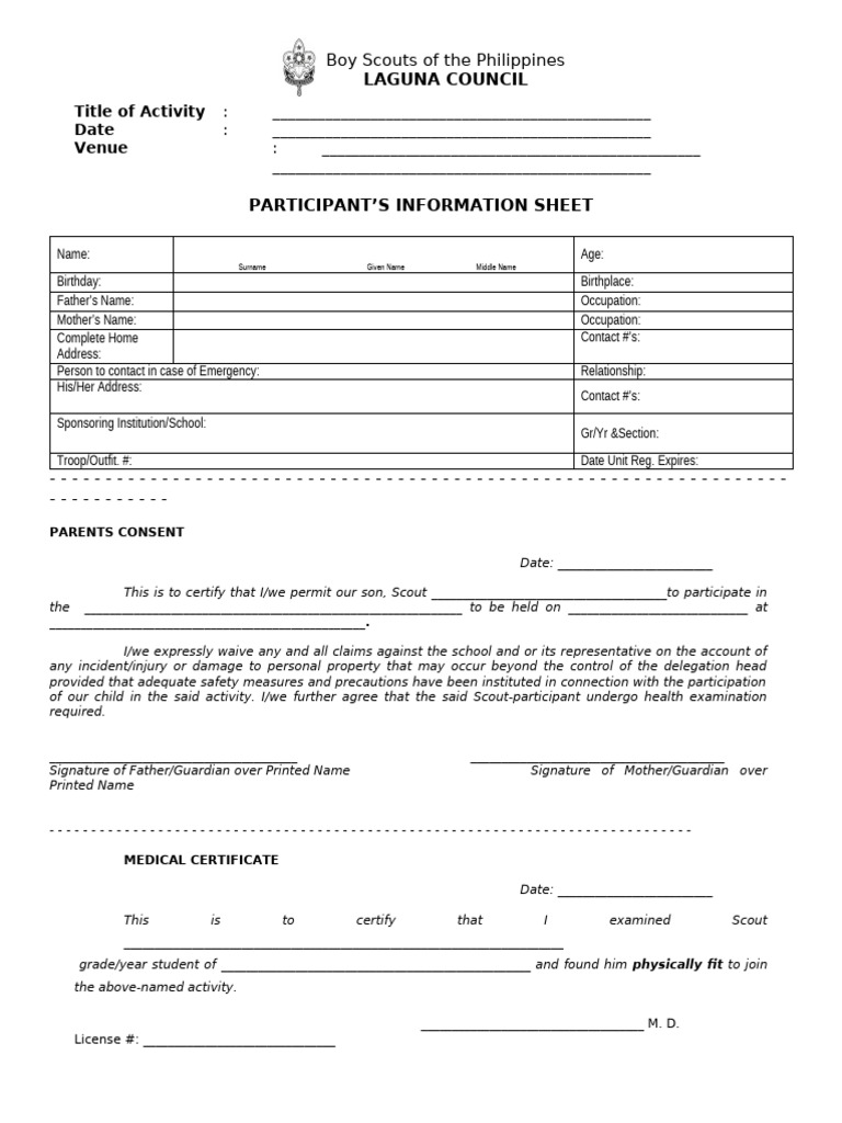 Boy Scouts Activity Participant Form | PDF