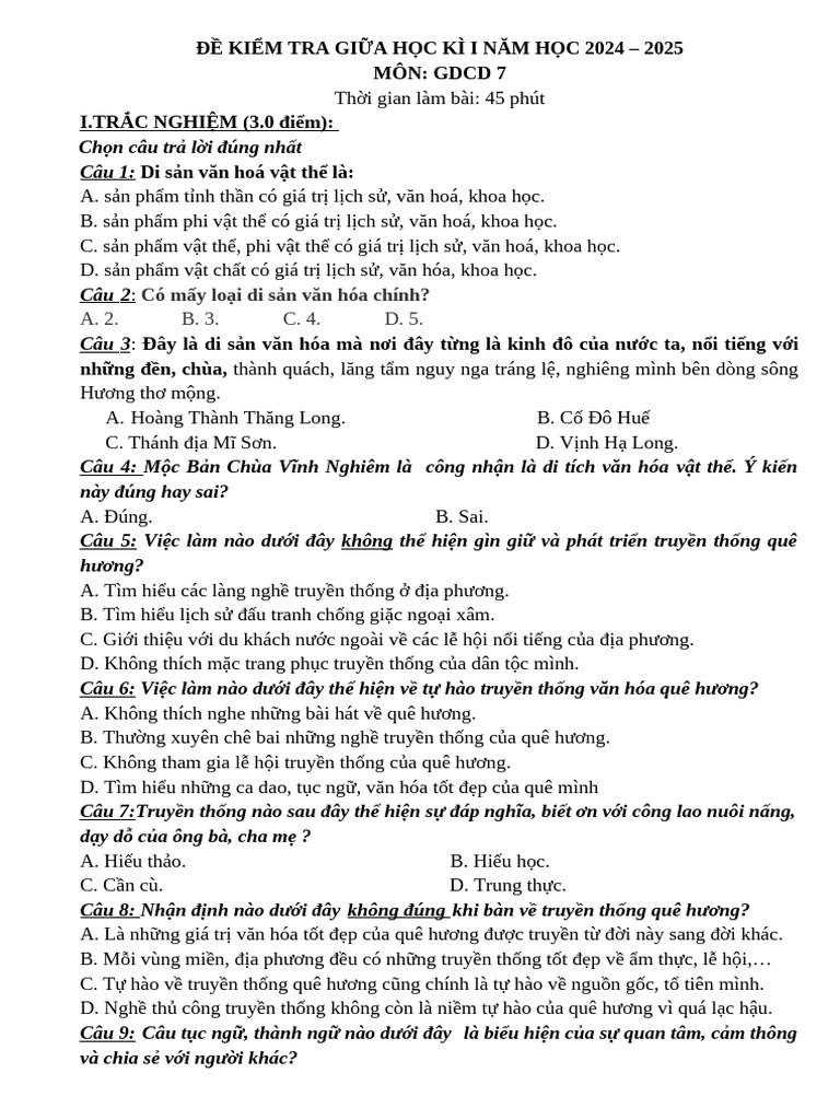 ĐỀ KIỂM TRA GIỮA HỌC KÌ I GDCD 7 | PDF