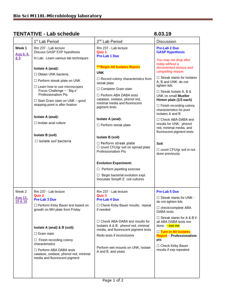 4. 2019 - M118L SSII Lab Schedule | PDF | Biology | Laboratory Techniques