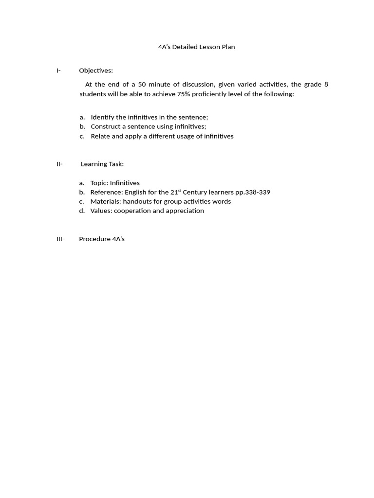 Arvex Jhon 4a's Lesson Plan | PDF | Lesson Plan | Cognition