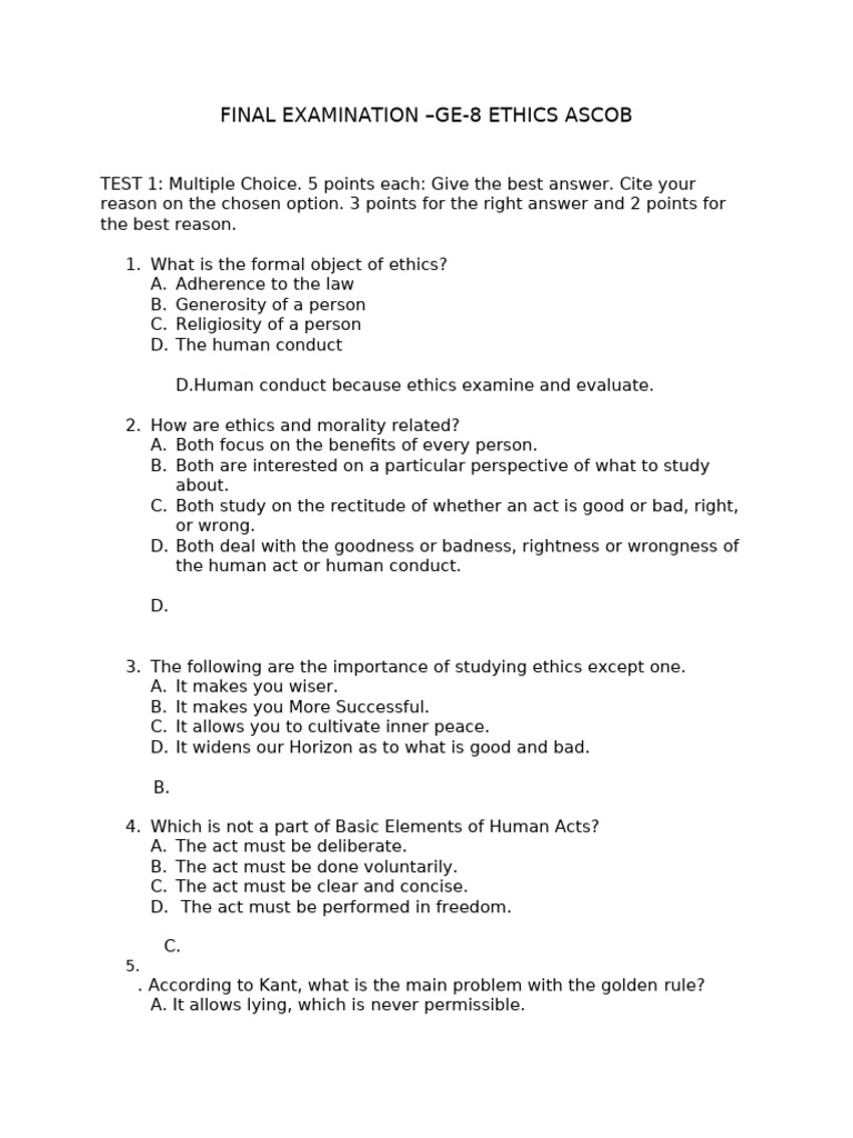 Ethics Examination: GE-8 Test Questions | PDF | Relativism | Morality