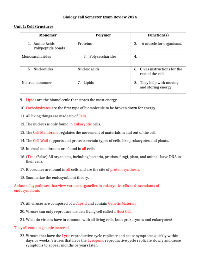 Yi Han - Fall Semester Exam Review 2024 | PDF | Cell (Biology) | Cell ...