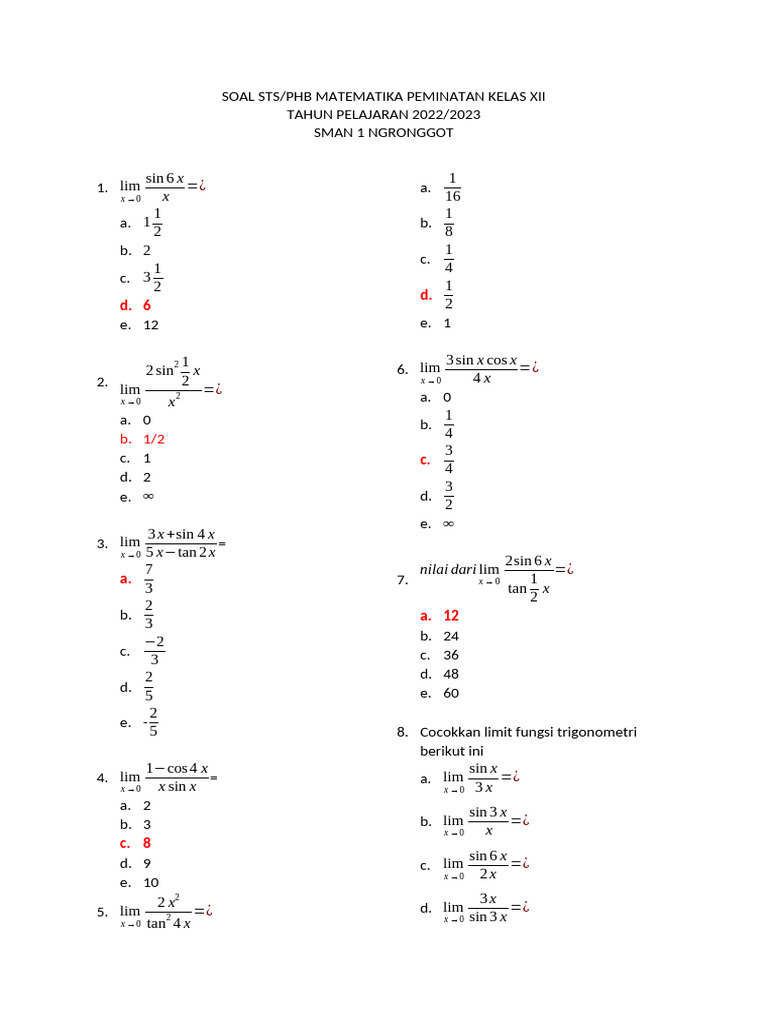 SOAL STS Matematika Minat Kelas 12 | PDF