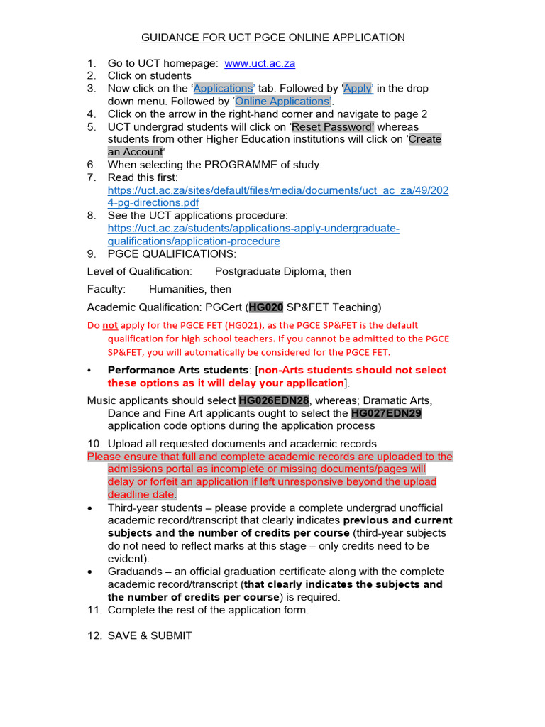 UCT PGCE Online Application Guide | PDF