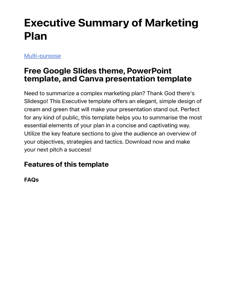 Executive Summary of Marketing Plan - Google Slides & | PDF