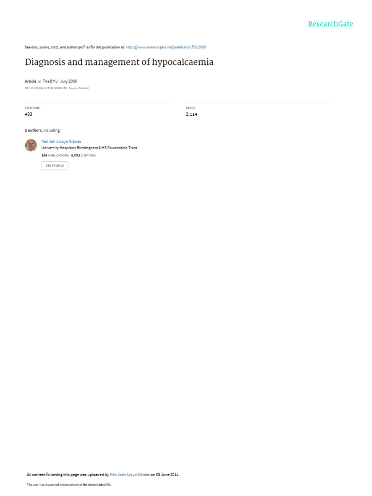 Diagnosis and Management of Hypocalcaemia. Cooper MS. BMJ. 2008 | PDF ...