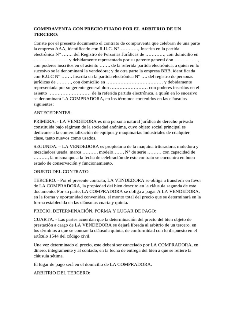 Compraventa Con Precio Fijado Por El Arbitrio de Un Tercero Faltaaa ...