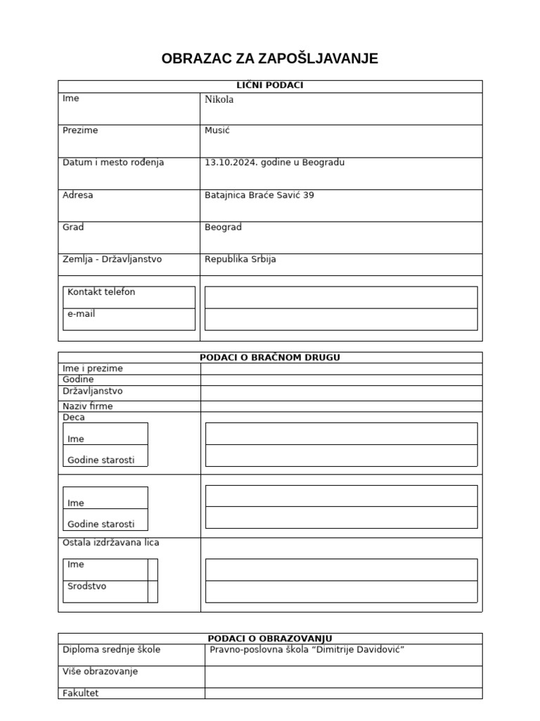 Obrazac Uradjeno | PDF