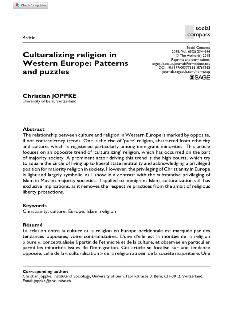 Joppke 2018 Culturalizing Religion in Western Europe Patterns and ...