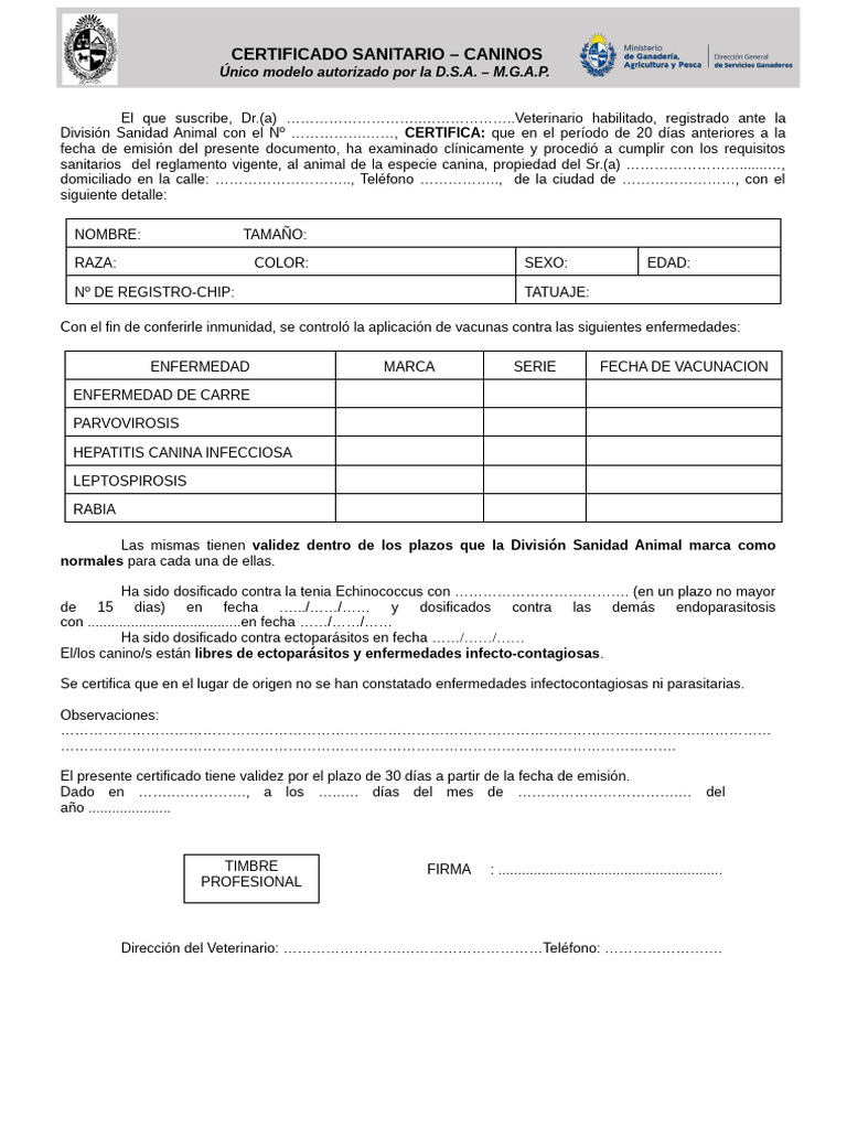Certificado Sanitario Canino Oficial | PDF