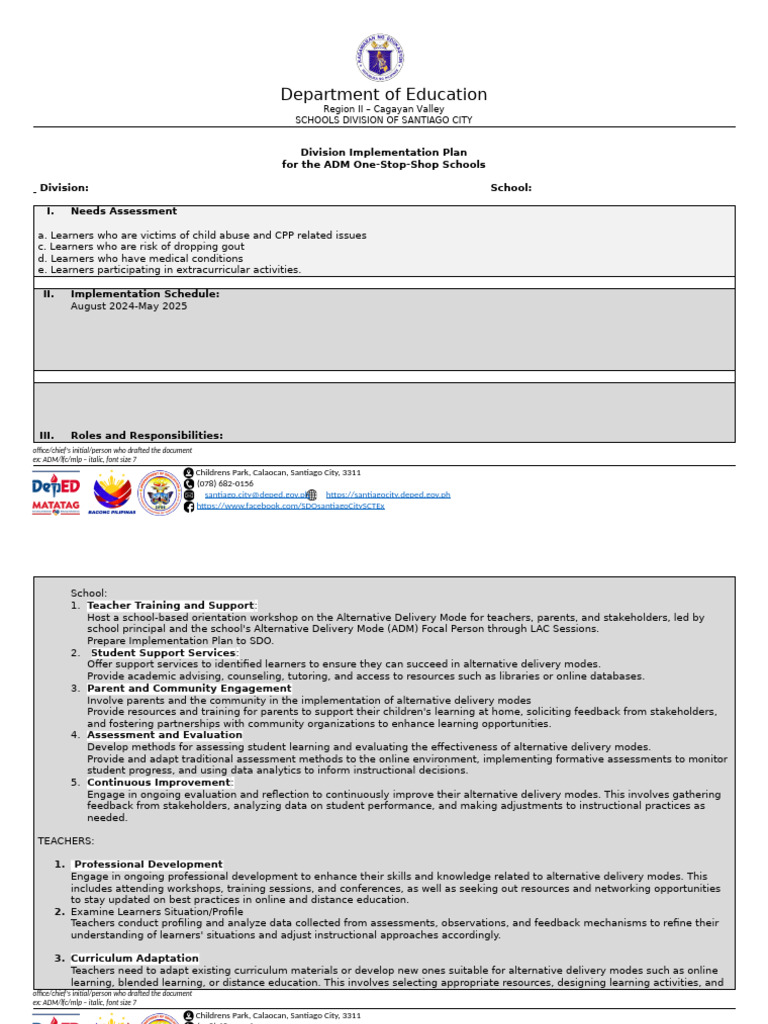 ADM One-Stop-Shop Implementation Plan | PDF | Learning | Distance Education