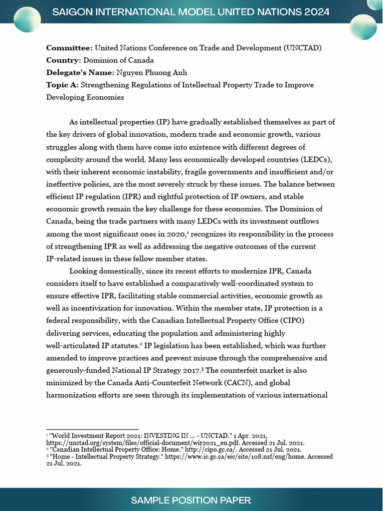 [SIMUN 2024] Sample Position Paper | PDF | Intellectual Property ...