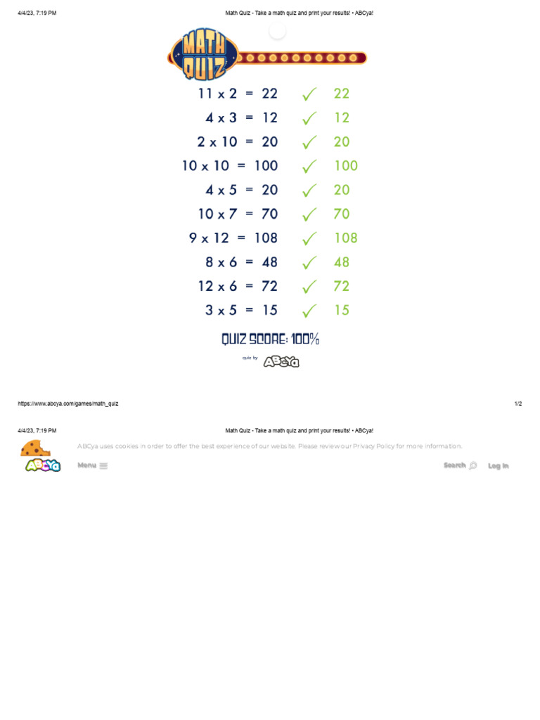 Math Quiz - Take A Math Quiz and Print Your Results! - ABCya! | PDF