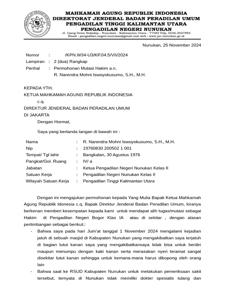 Final sakit Permohonan Kiki Narendra Rekomendasi usul mutasi narendra MA tam | PDF