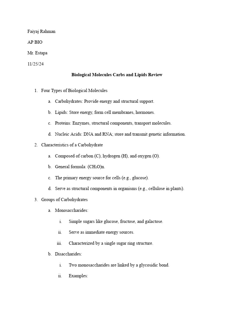 Biological Molecules Carbs and Lipids Review | PDF | Carbohydrates ...