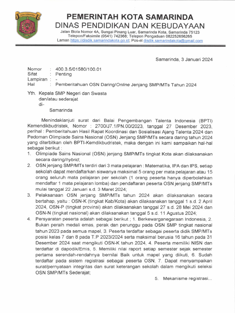 Surat Pemberitahuan Ajang Talenta OSN Daring Jenjang SMP Sederajat Tahun 2024 | PDF