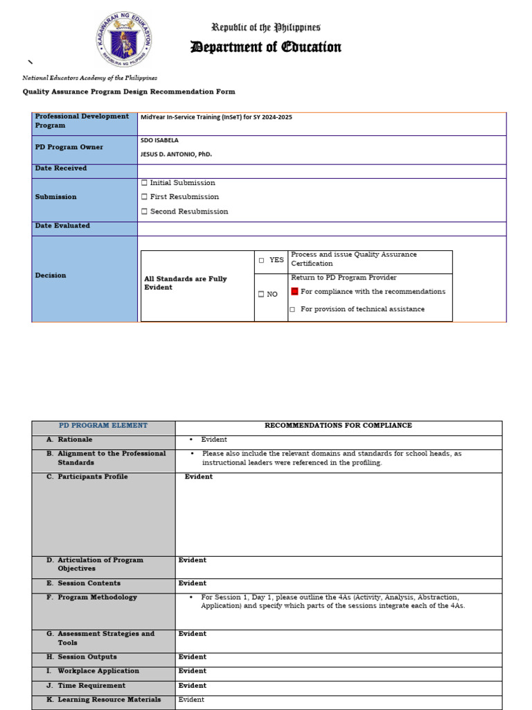 FORM PD Program Design QA Recommendation - ISABELA | PDF | Quality Assurance