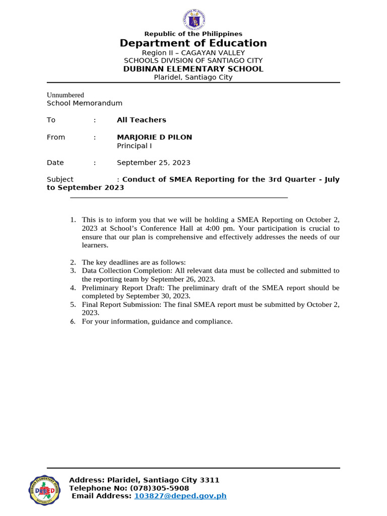 School Memo On SMEA REPORTING | PDF