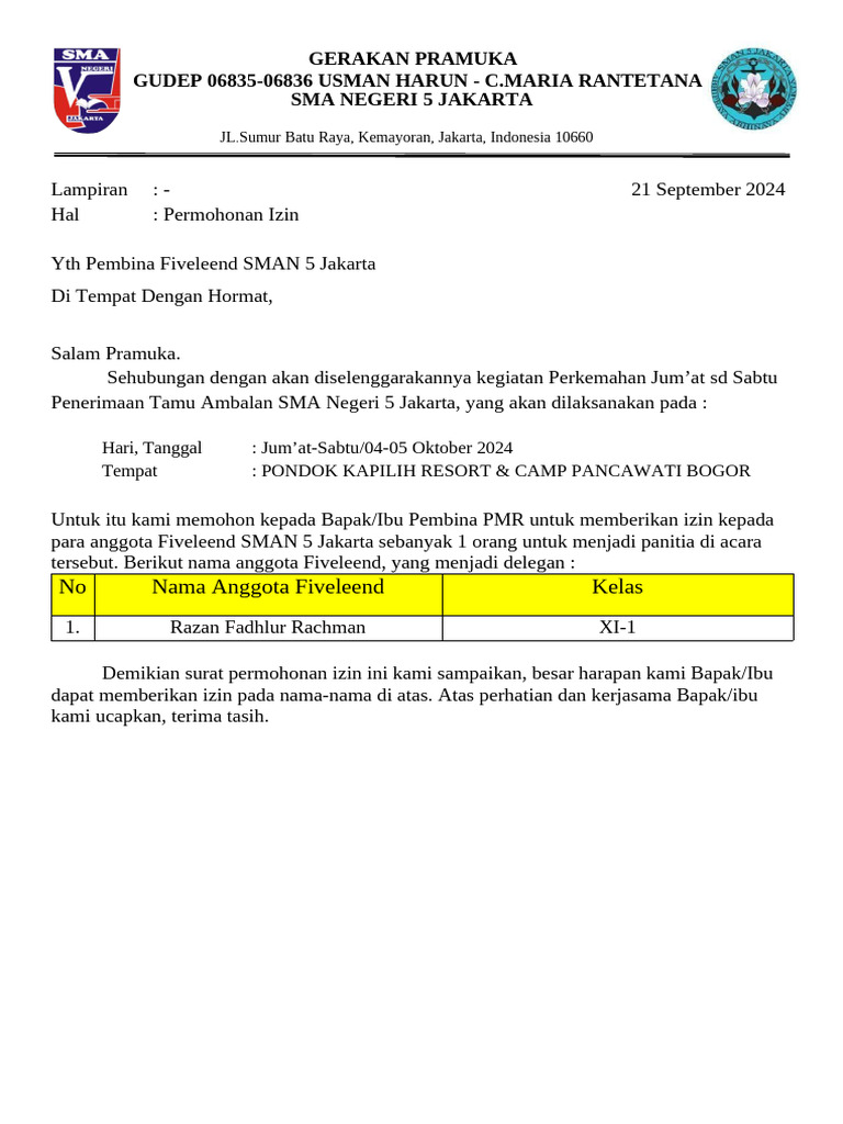 Surat Izin Fiveleend Untuk Mengikuti Perjusa | PDF