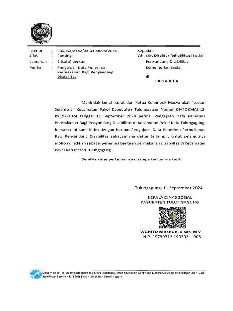 Surat Pengantar Permakanan Ke Kemensos JKT - Sign | PDF