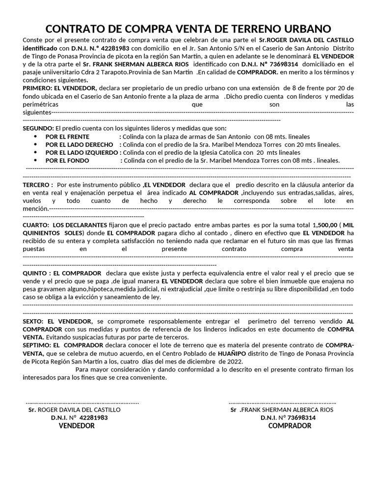 CONTRATO DE COMPRA VENTA TERRENO URBANO | PDF | Derecho contractual ...